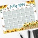 July 2024 Sunflower Summertime Calendar, Printable Sunflower Themed ...