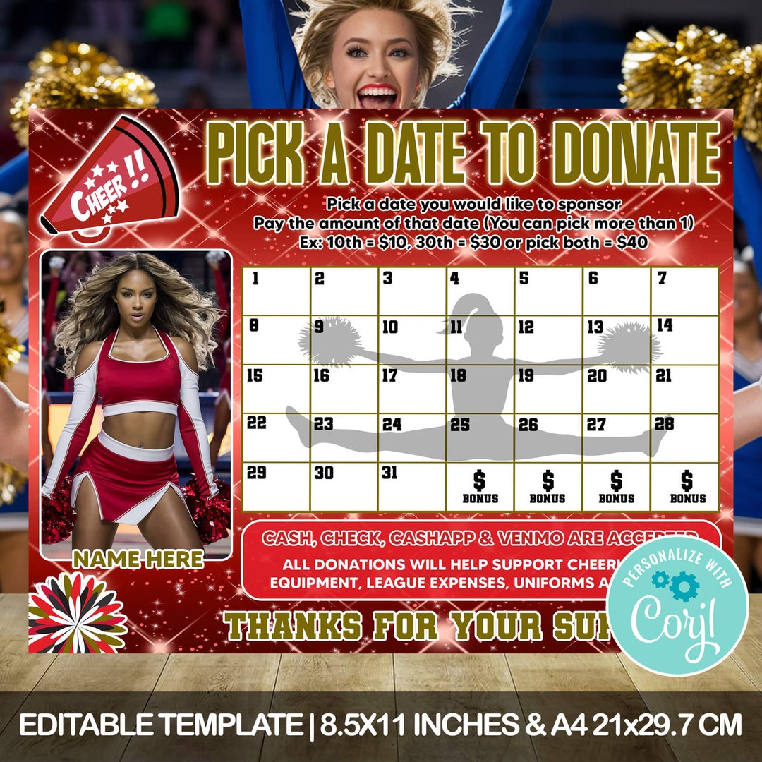 Editable Cheerleading Squad Calendar Fundraiser, School Cheerleader ...
