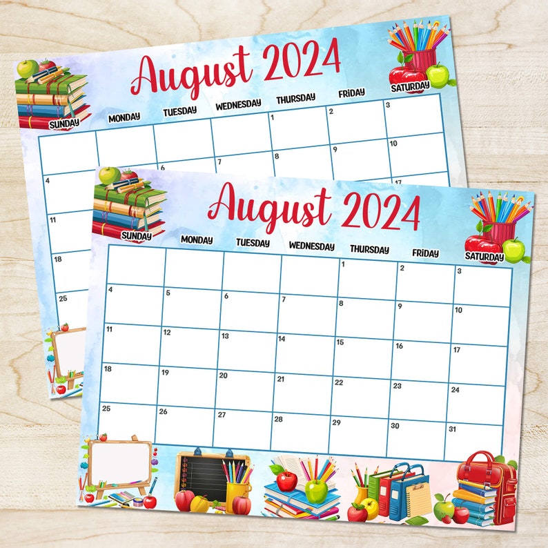 Back to School August 2024 Calendar, Printable August Calendar, Back to ...