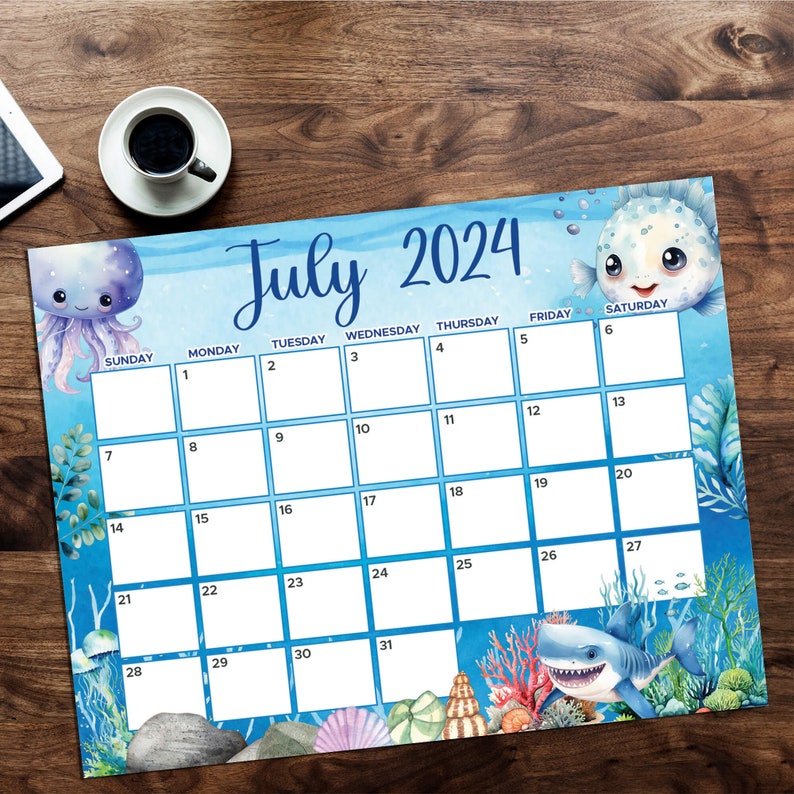 Printable Under the Sea Month of July Calendar, Summer Underwater ...