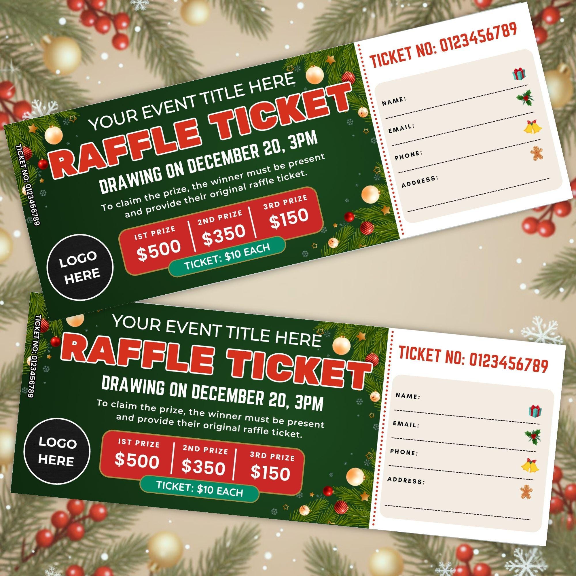 Editable Christmas Raffle Ticket Template: Xmas, Holiday and Fundraiser ...