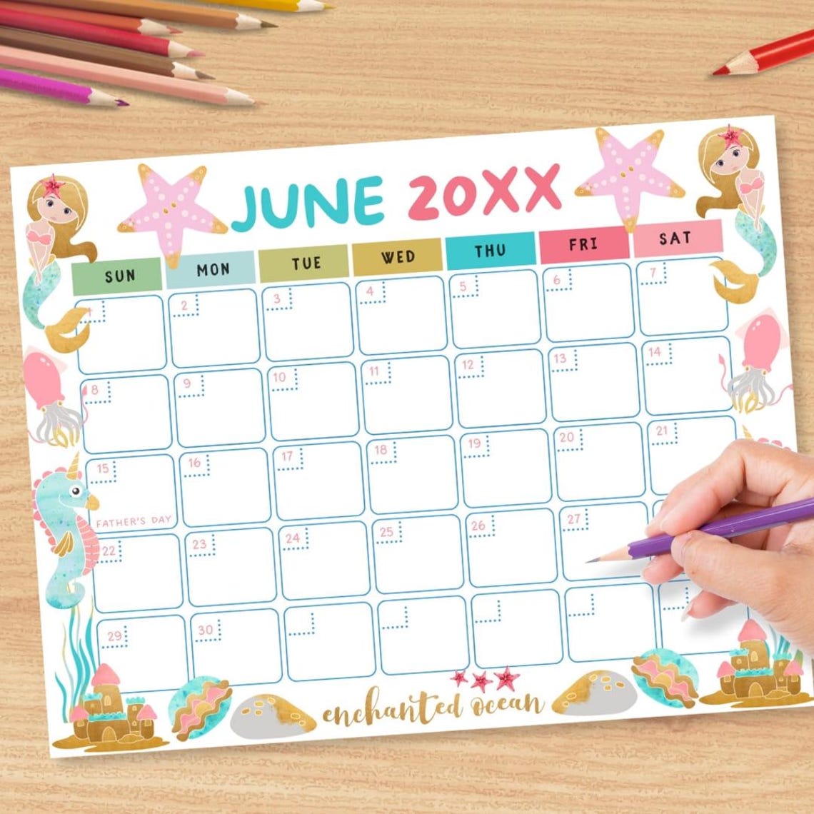 Editable Enchanted Ocean June Calendar | Mermaid Planner Template ...