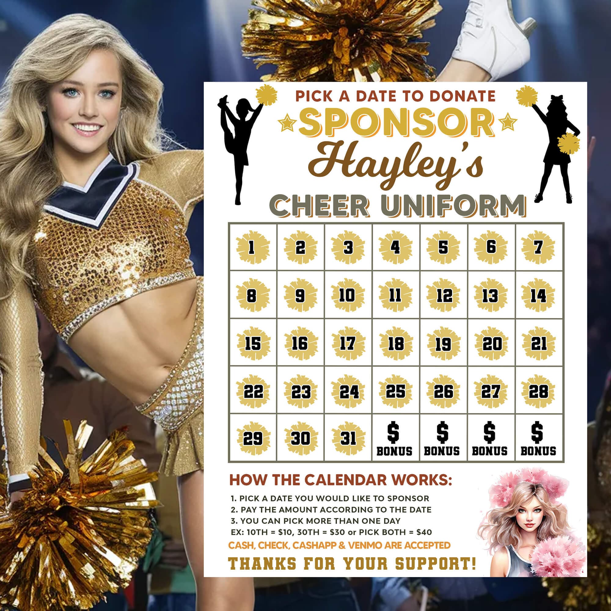 Editable Cheerleader Pick a Date to Donate, School Cheerleading ...