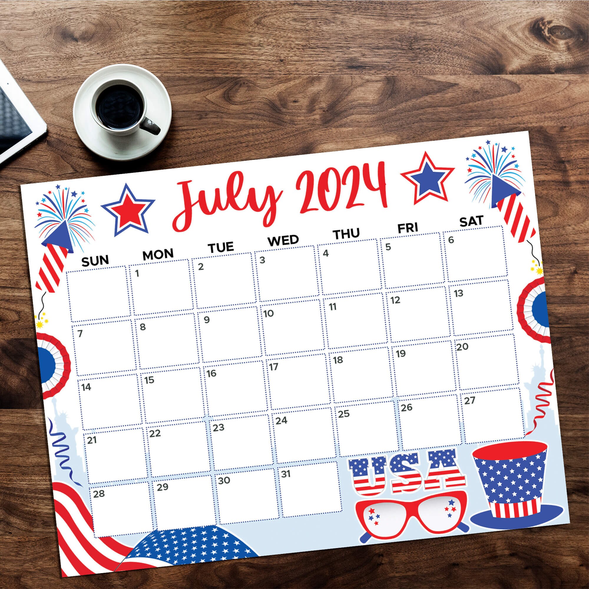 July 2024 Calendar, Printable 4th July Independence Day, Happy 4th July ...