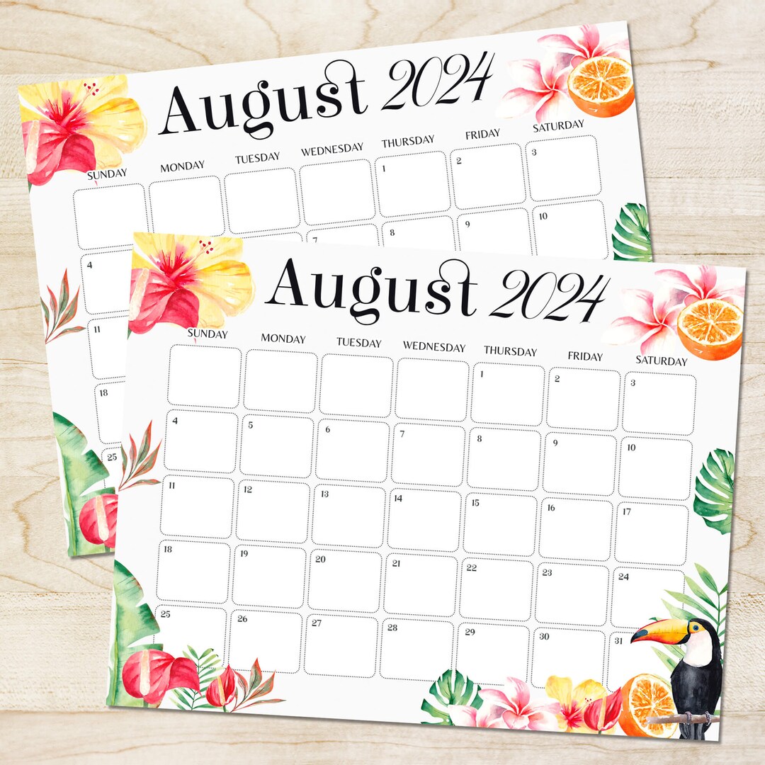 PDF Tropical Vibes Themed August 2024 Calendar, Printable Tropical ...