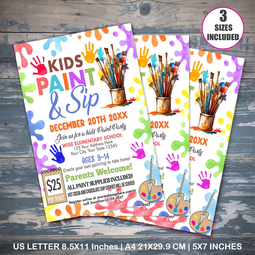 Editable Kids Paint and Sip Flyer, Kids Paint Party Event Flyer ...