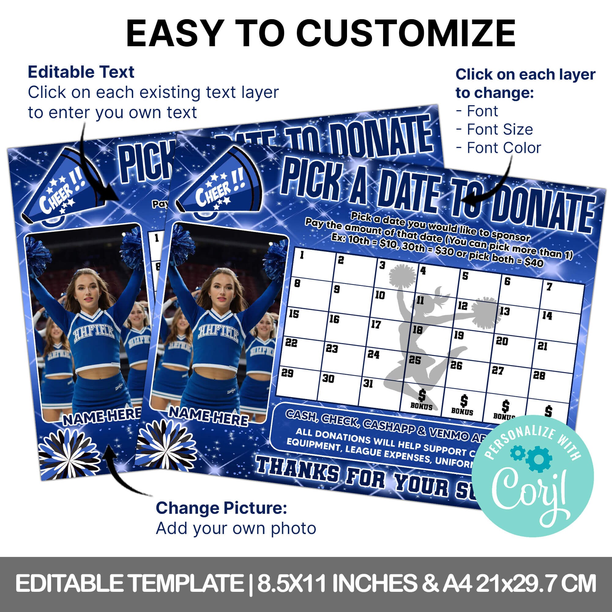 Editable Cheerleader Squad Pick a Date to Donate, School Cheer Team ...