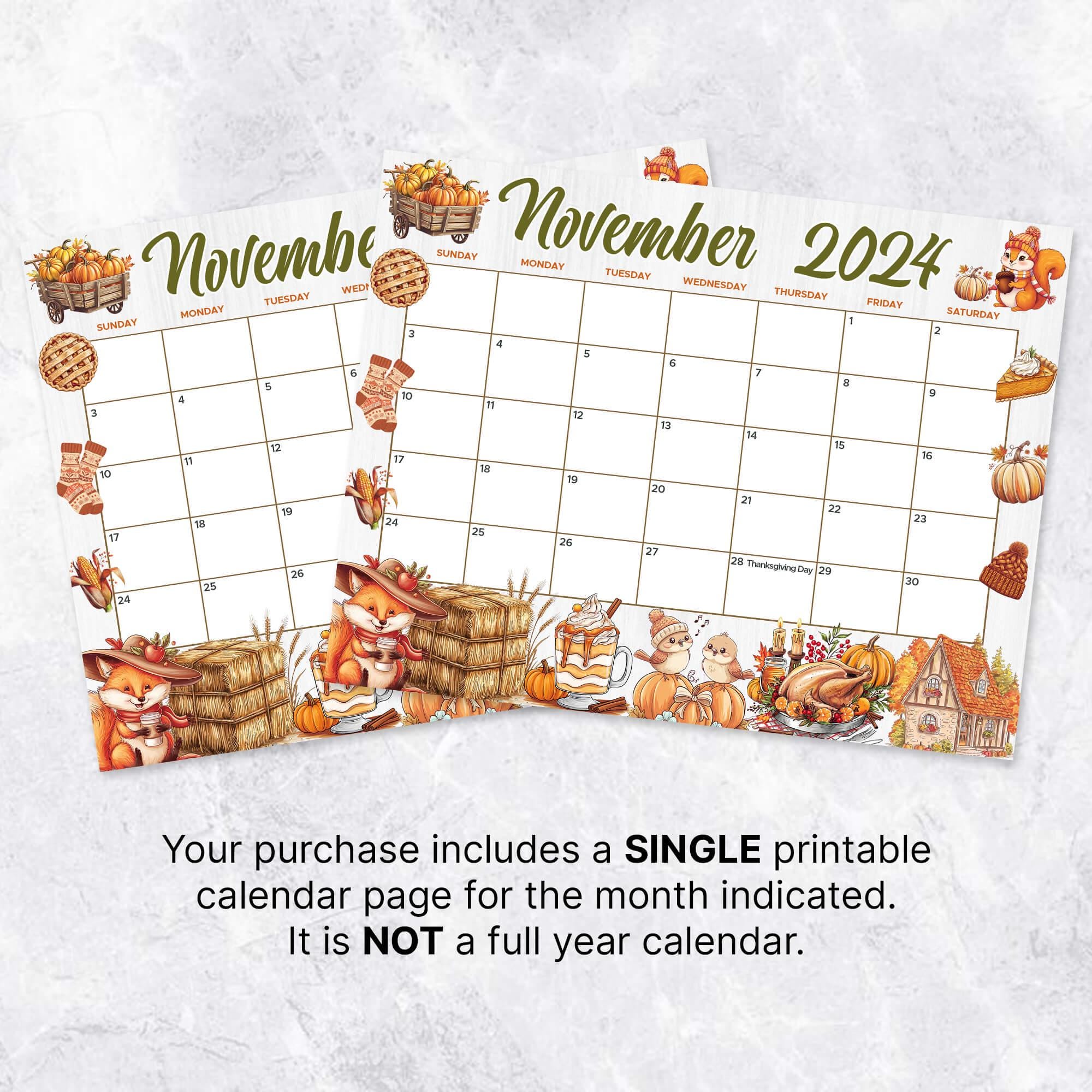 Cute Art November Calendar Printable - Etsy