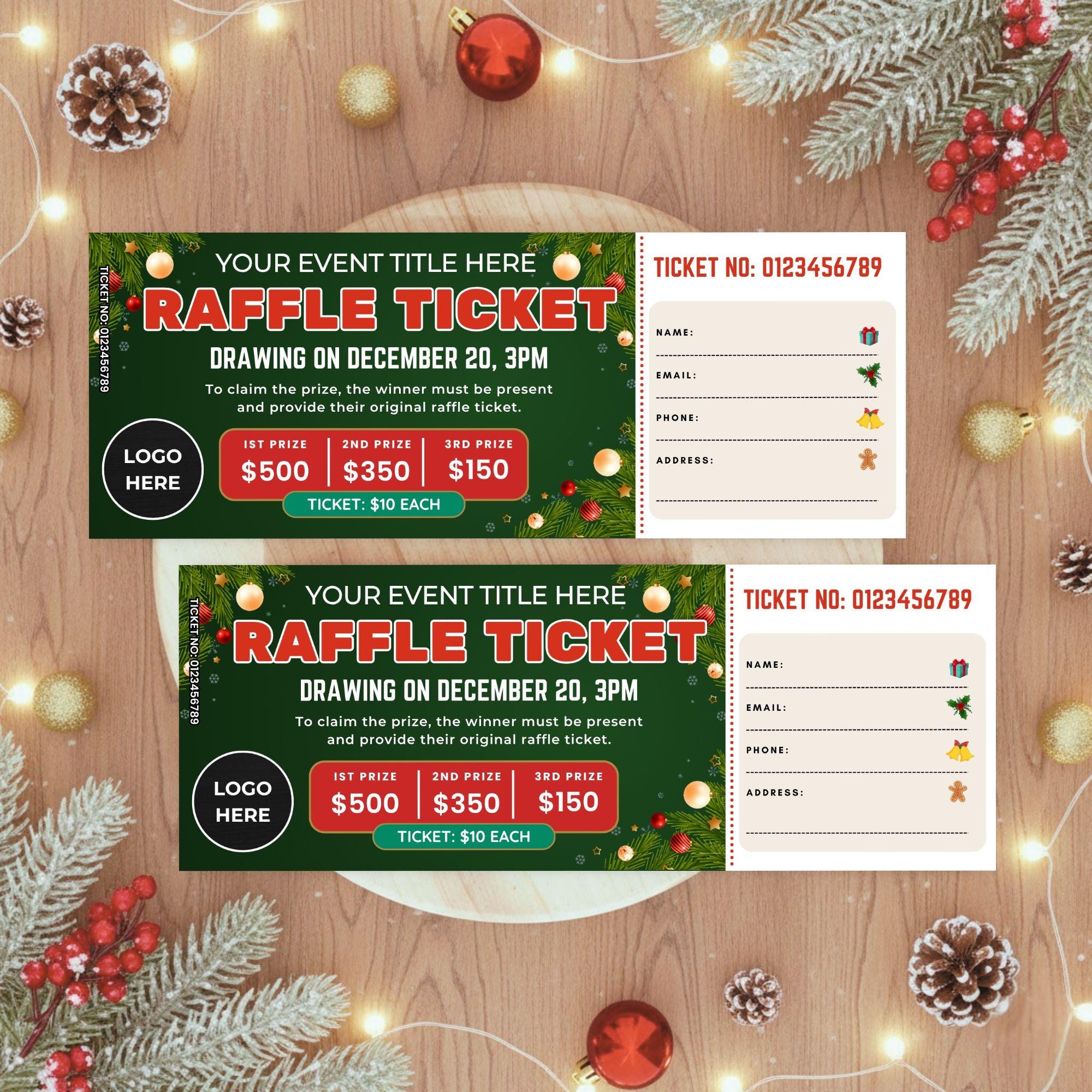 Editable Christmas Raffle Ticket Template: Xmas, Holiday and Fundraiser ...