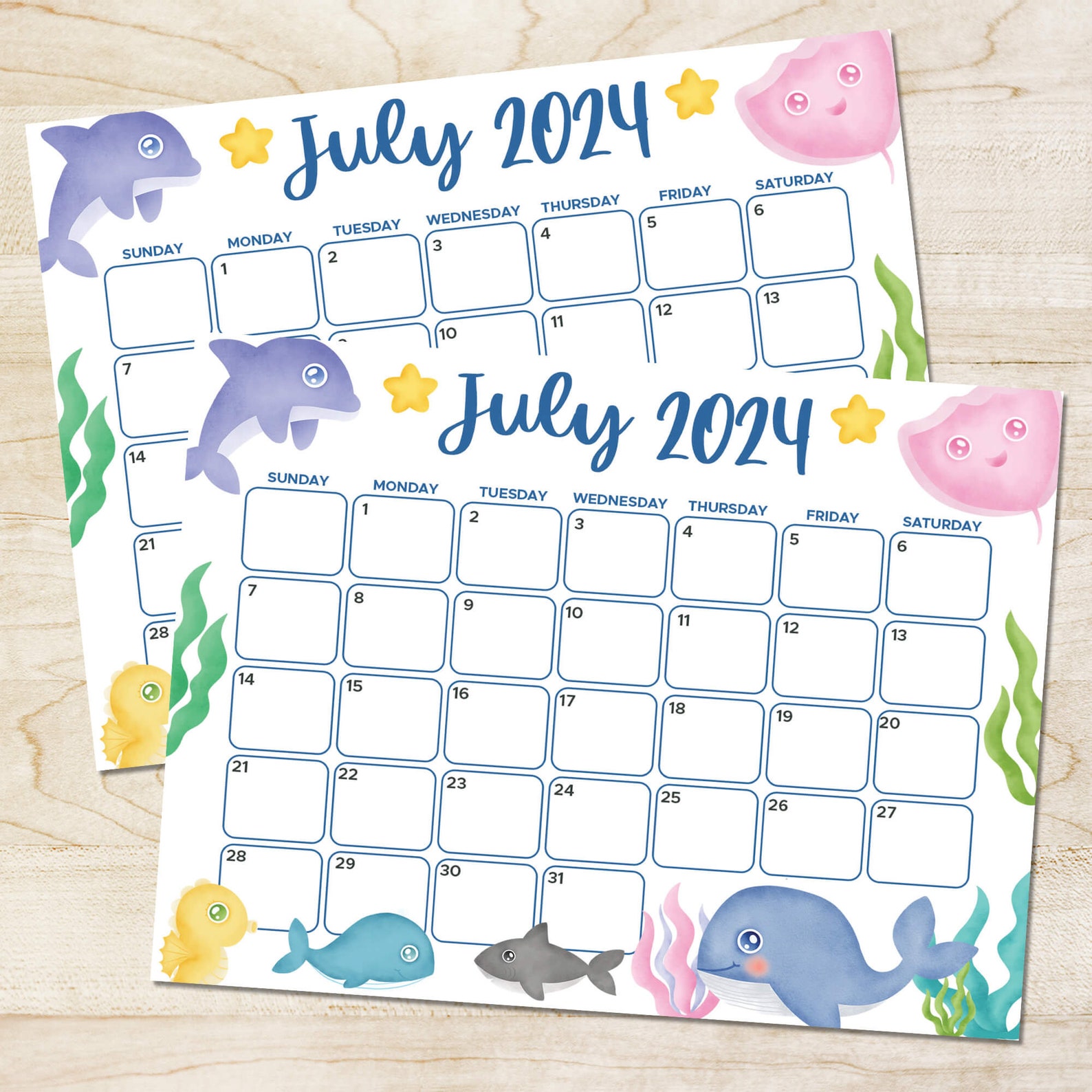 July 2024 Underwater Calendar, Printable Under the Sea Planner, Monthly ...