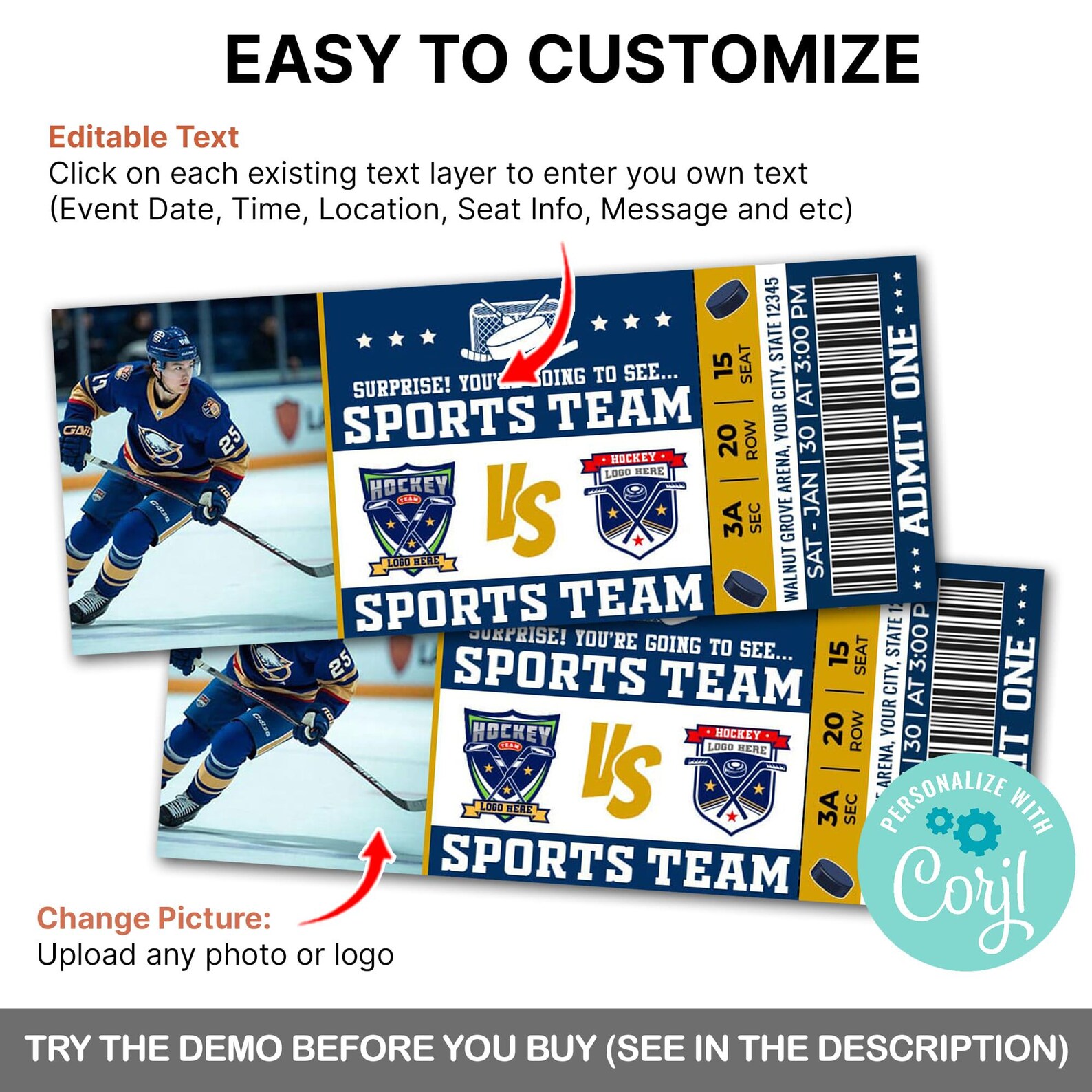 Editable Hockey Ticket Template | Sports Game Ticket | Surprise Gift ...