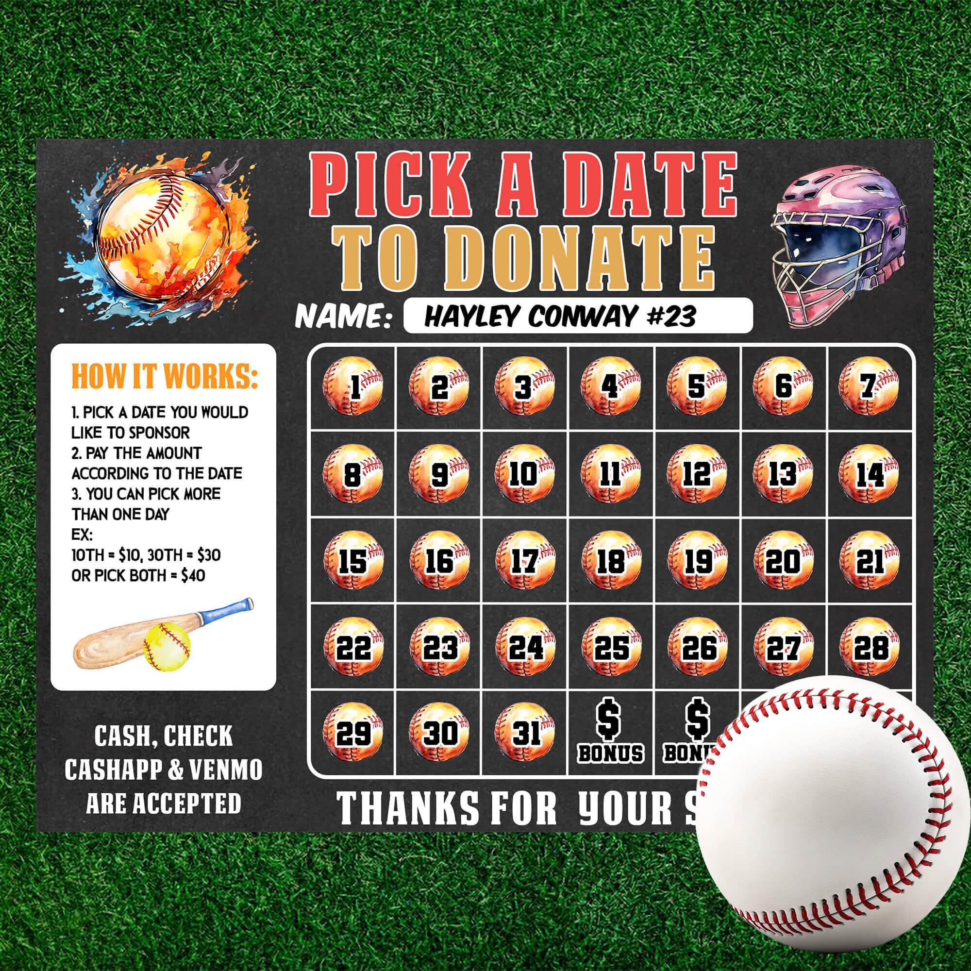 Editable Softball Fundraising Calendar, Softball, Pick a Date to Donate ...