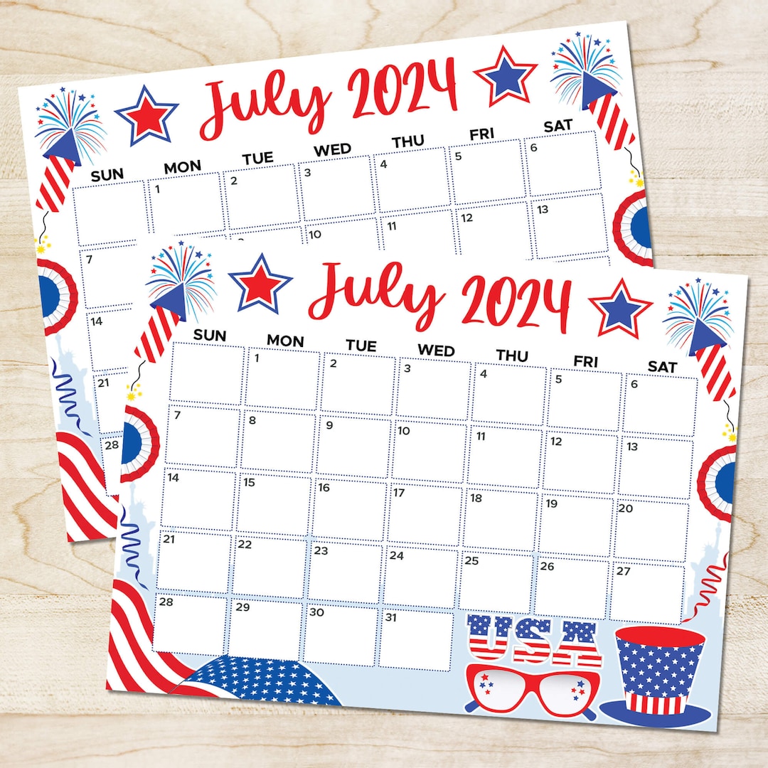 July 2024 Calendar, Printable 4th July Independence Day, Happy 4th July ...