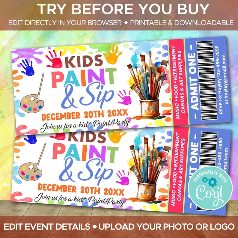 Editable Kids Paint and Sip Ticket | Kids Paint Party Event Ticket Stub ...