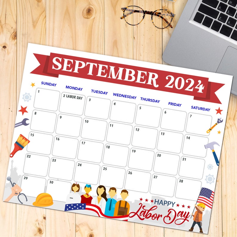 Printable September 2024 Calendar With Labor Day Theme - Etsy