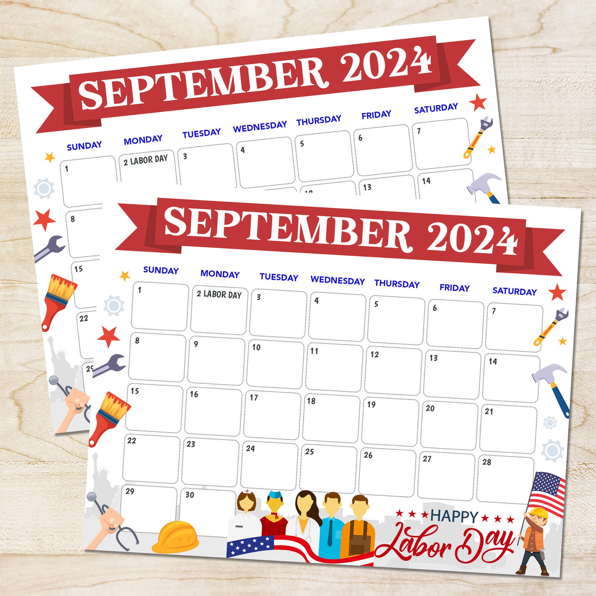 Printable September 2024 Calendar With Labor Day Theme - Etsy