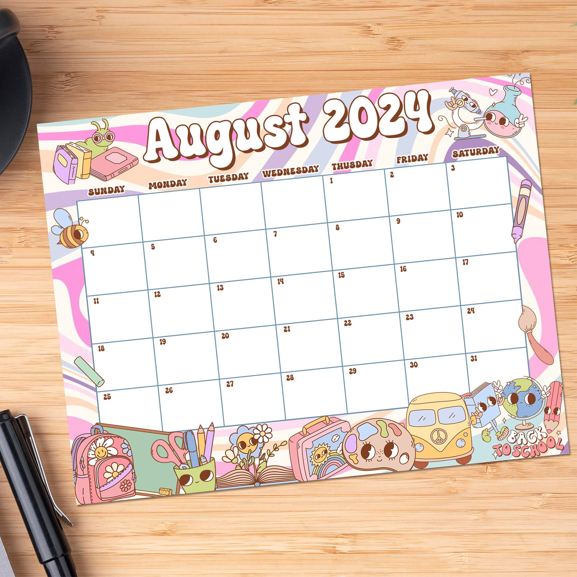 Printable Retro Vibe Back to School August 2024 Calendar, Classic ...