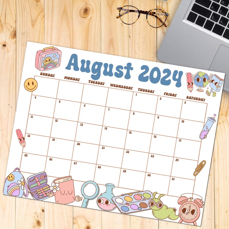 PDF Back to School Retro Vibe August 2024 Calendar, Printable Classic ...