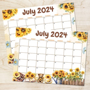 Printable Sunflower July 2024 Calendar, Cute Summer Sunflower Month of ...