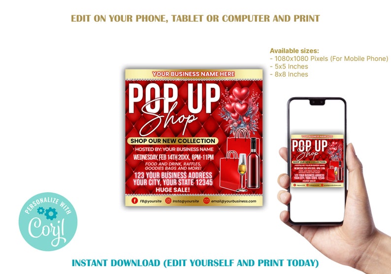 Editable Valentine's Day Pop up Shop Flyer, Valentines Day Sip and Shop ...