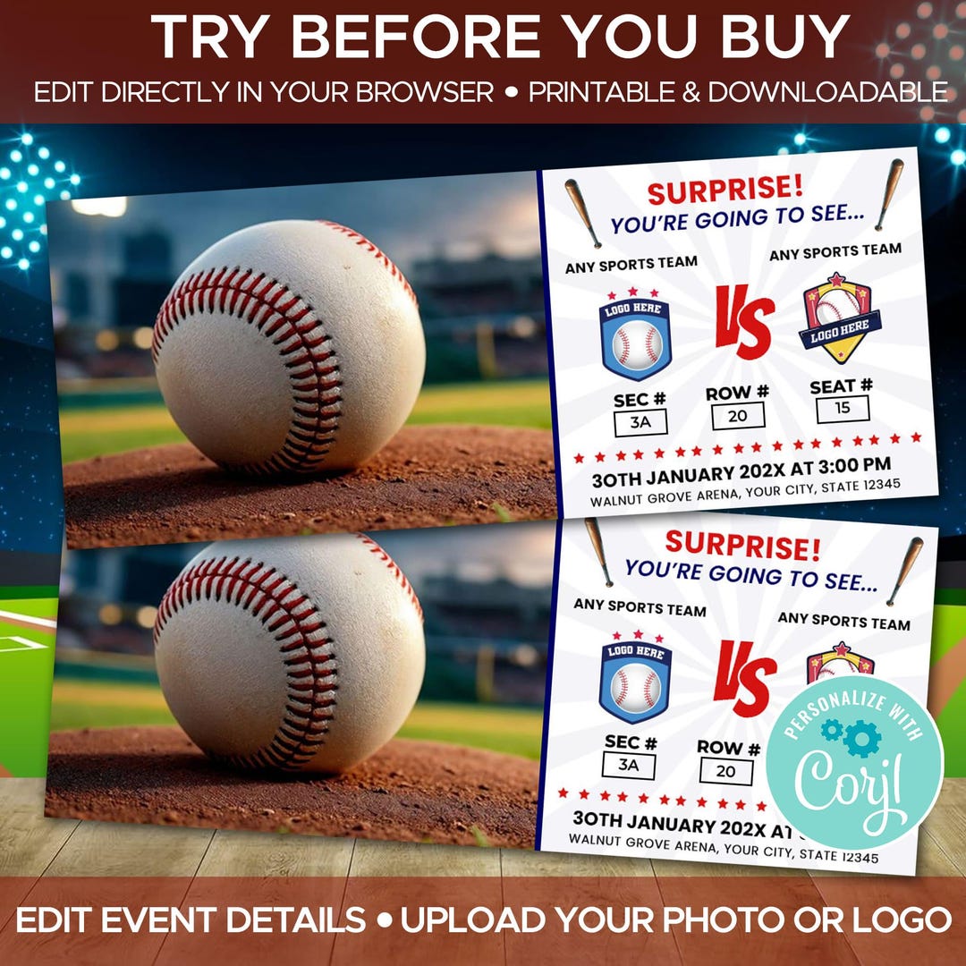 DIY Baseball Sports Game Ticket Template | Editable Sports Event Ticket ...