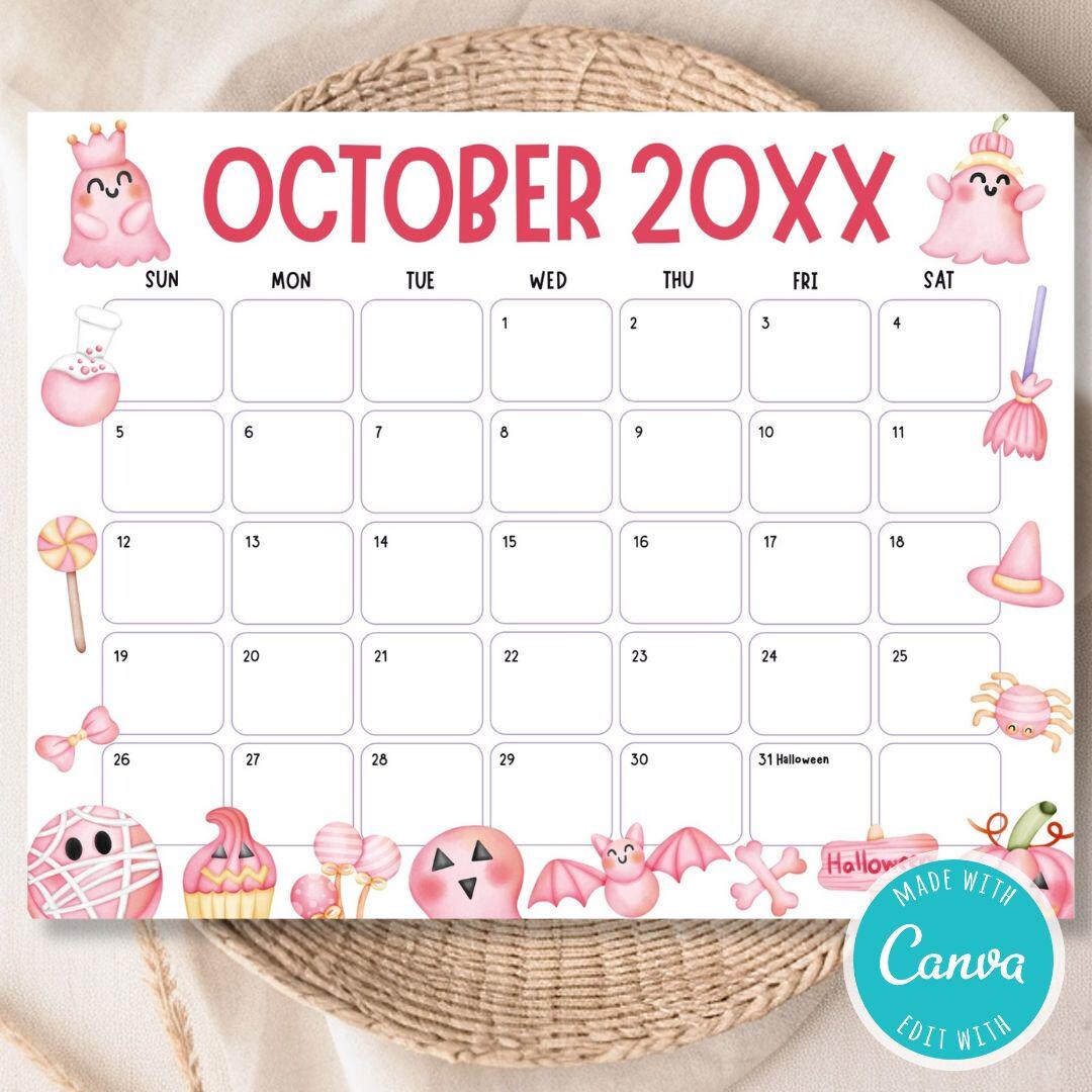 Editable Digital Halloween October Calendar for Girls Instant Download ...