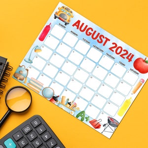 Printable August 2024 Back to School Themed Calendar, School Days Month ...