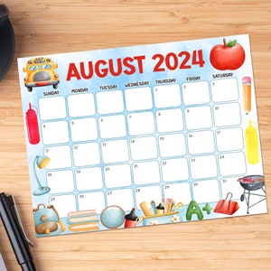 Printable August 2024 Back to School Themed Calendar, School Days Month ...