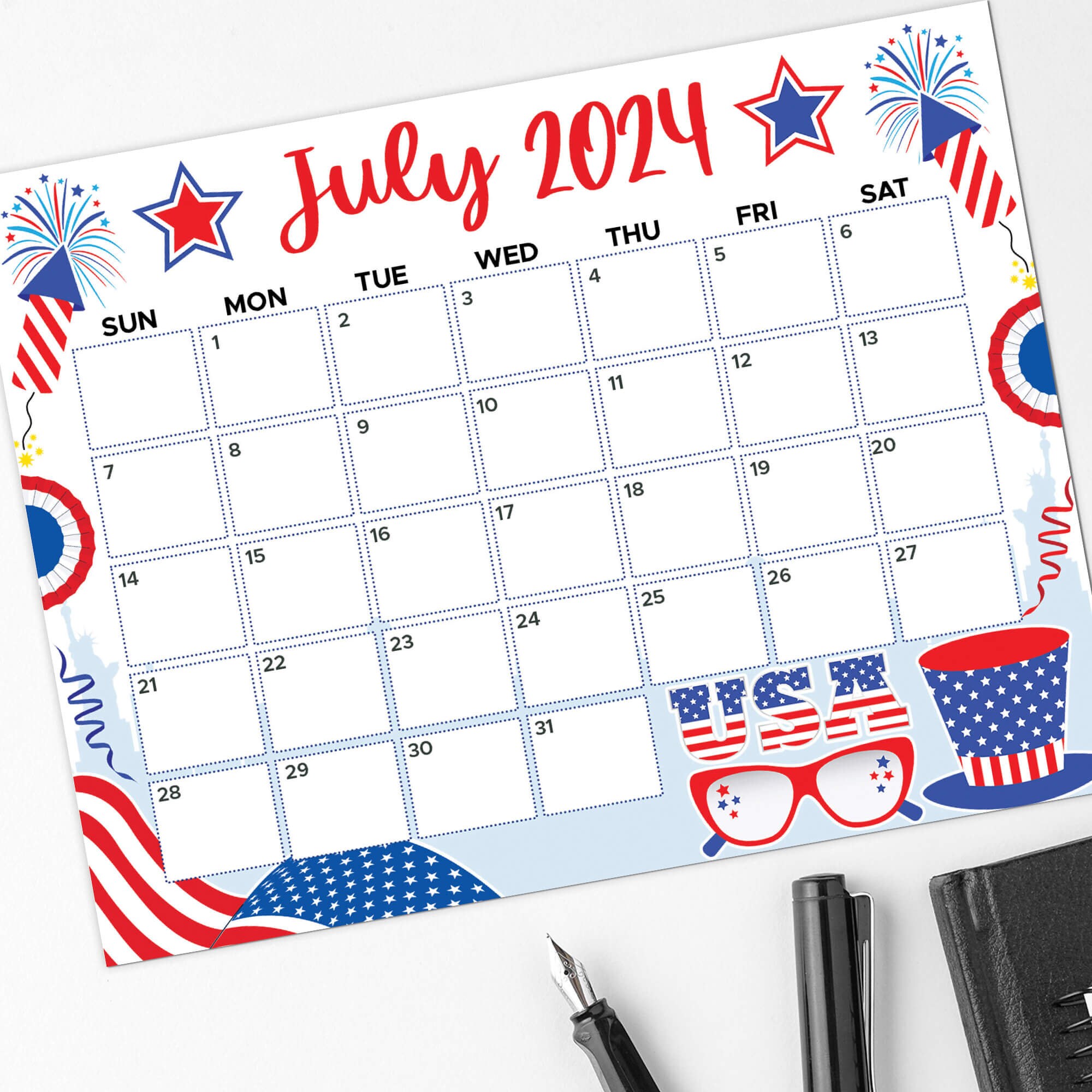 July 2024 Calendar, Printable 4th July Independence Day, Happy 4th July ...