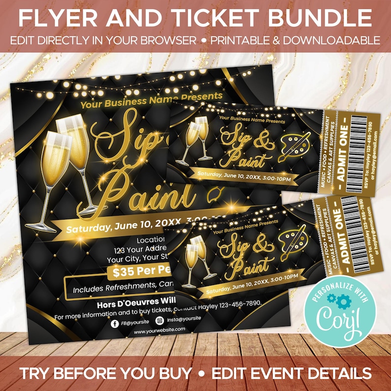 Sip and Paint Ticket and Flyer Template | Event Ticket | Paint and Sip ...