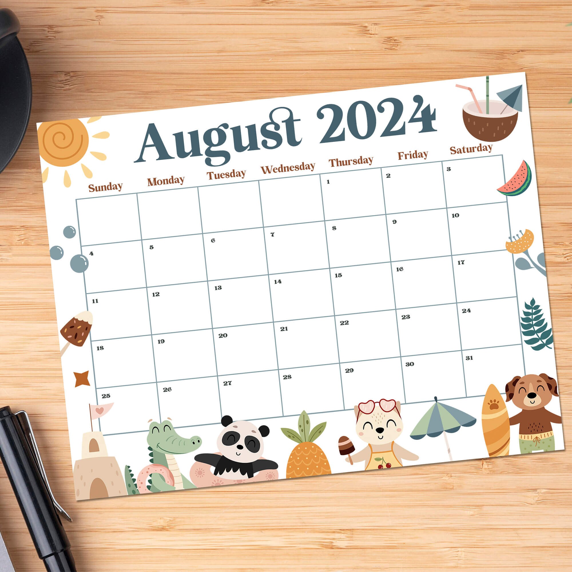 August 2024 Animal Summer Calendar, Printable Animal Themed August ...