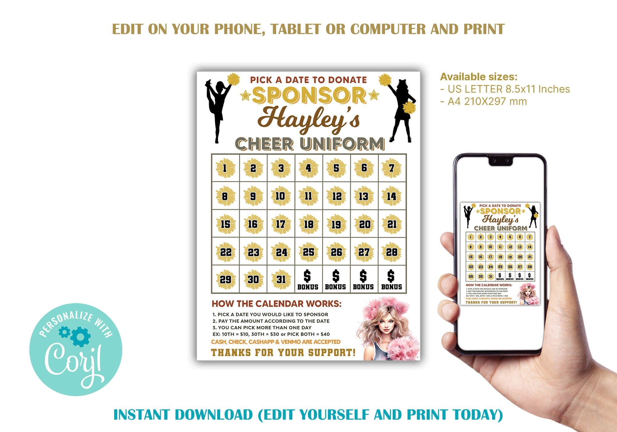 Editable Cheerleader Pick a Date to Donate, School Cheerleading ...