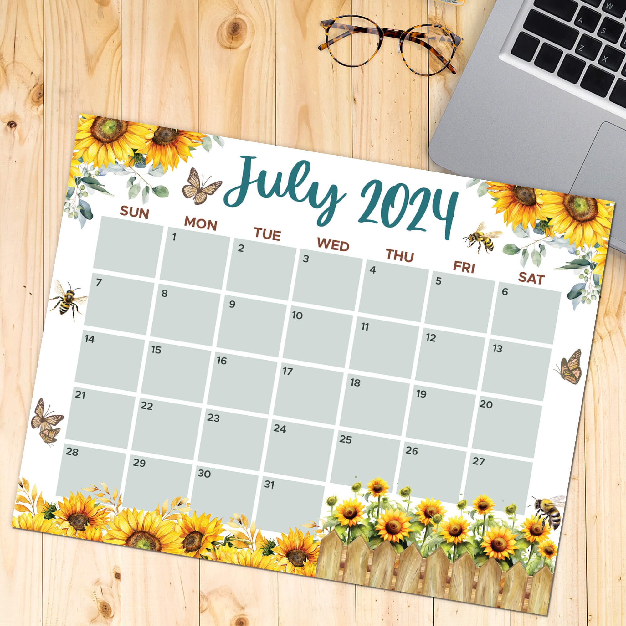 July 2024 Sunflower Summertime Calendar, Printable Sunflower Themed ...