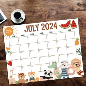 Animal Summer July 2024 Calendar, Printable Animal Themed July Calendar ...