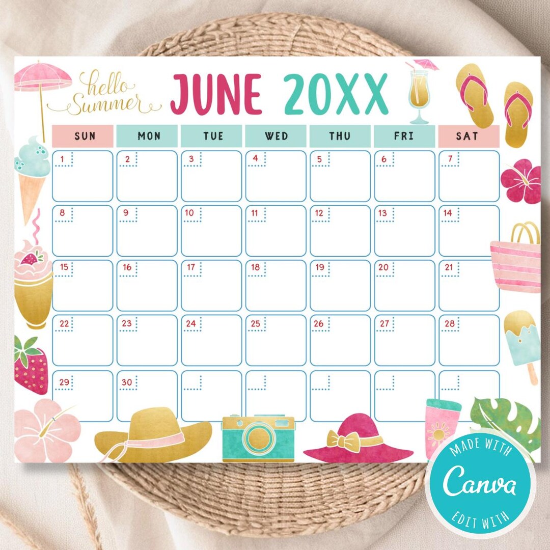 Summer June Calendar Printable | Hello Summer Digital Planner | Cute ...