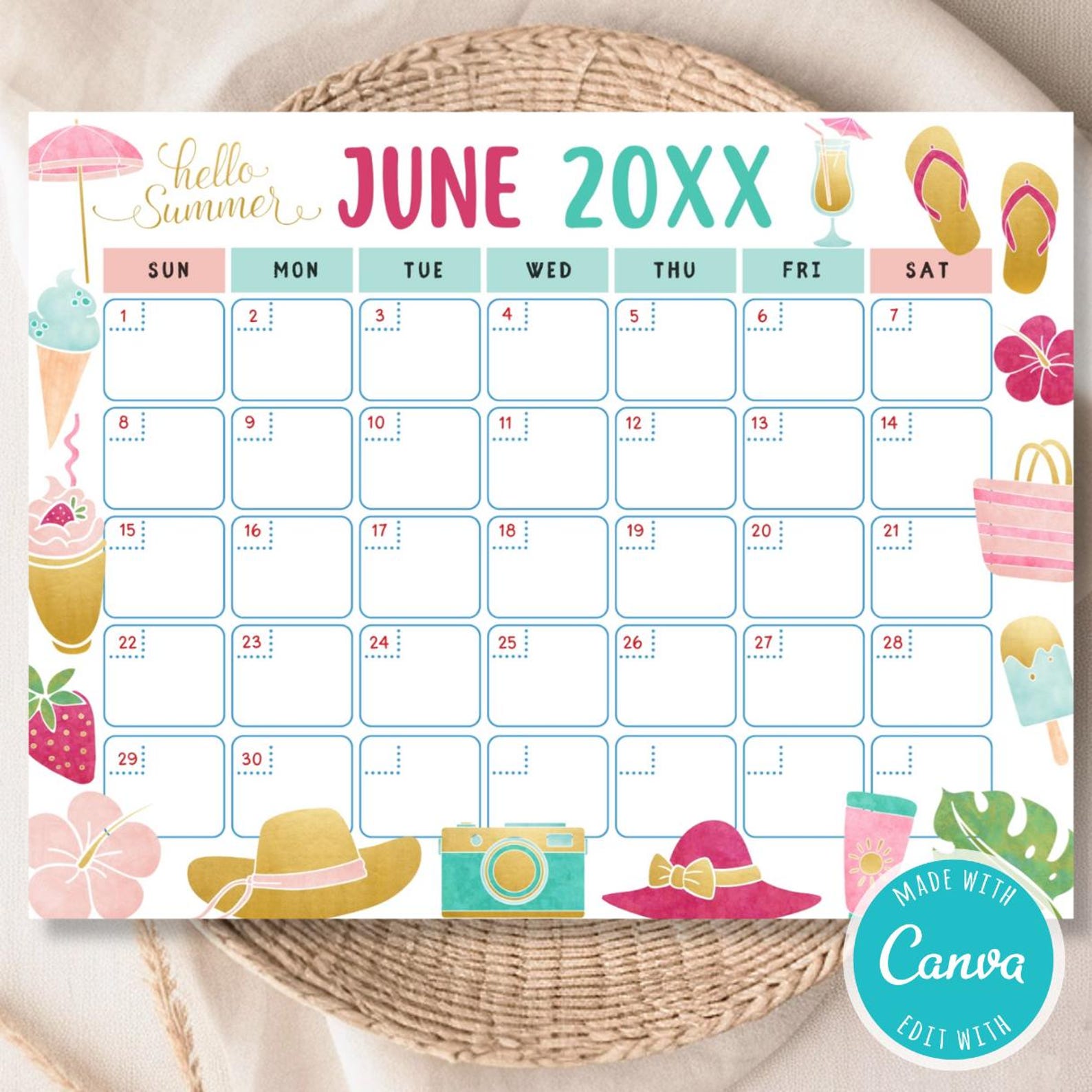 Summer June Calendar Printable | Hello Summer Digital Planner | Cute ...