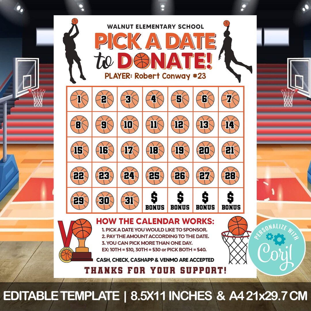 Editable Basketball Fundraising Calendar, Basketball, Pick a Date to ...