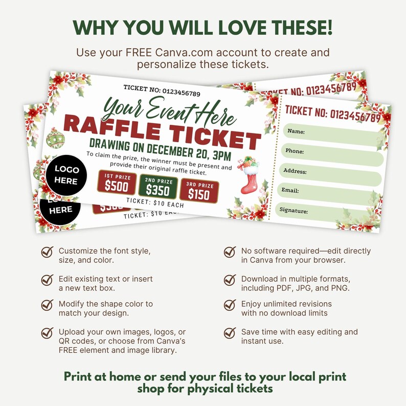Printable Christmas Raffle Ticket Template: Editable Holiday and Winter ...
