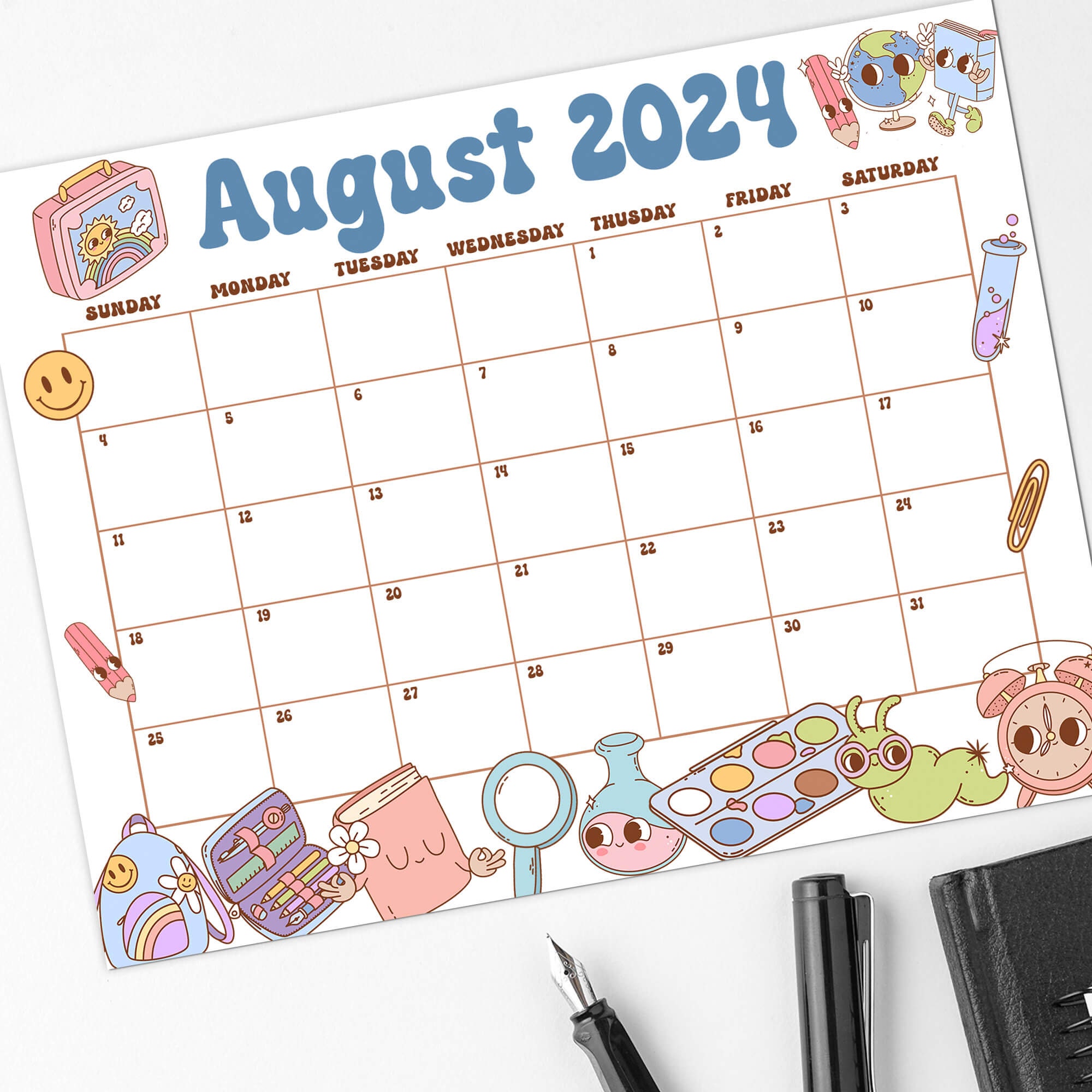 PDF Back to School Retro Vibe August 2024 Calendar, Printable Classic ...