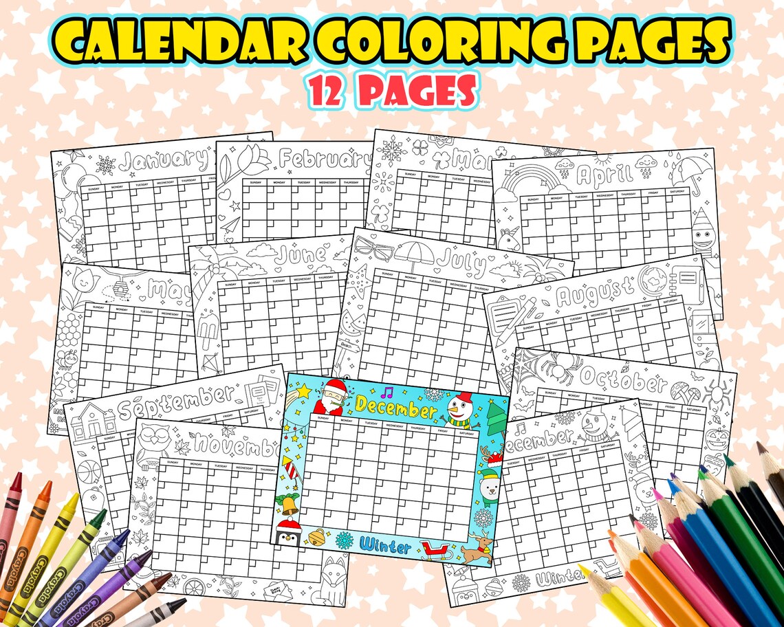 12 Months Kids Coloring Perpetual Calendar, Kawaii Coloring Calendar ...