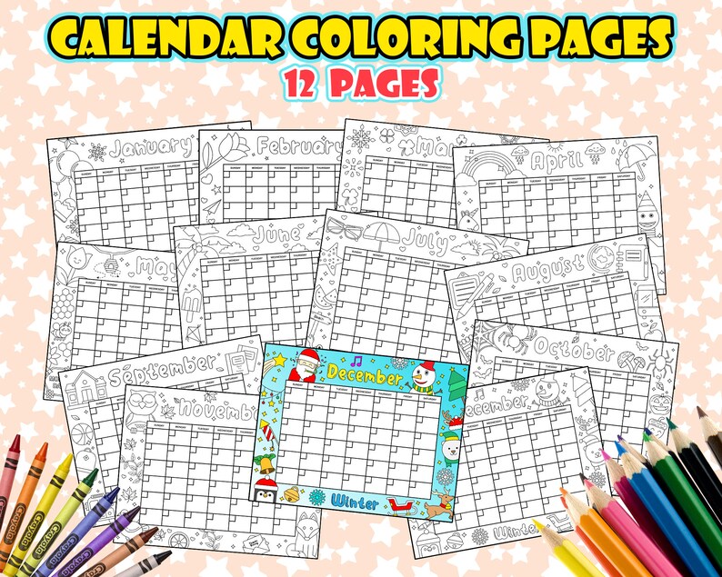 12 Months Kids Coloring Perpetual Calendar, Kawaii Coloring Calendar ...