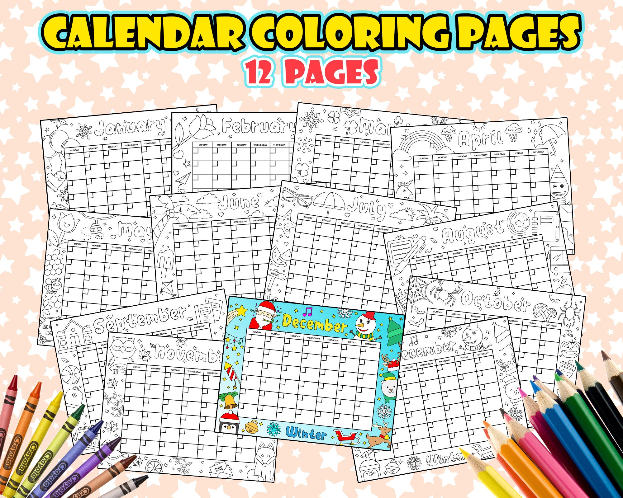 12 Months Kids Coloring Perpetual Calendar, Kawaii Coloring Calendar ...