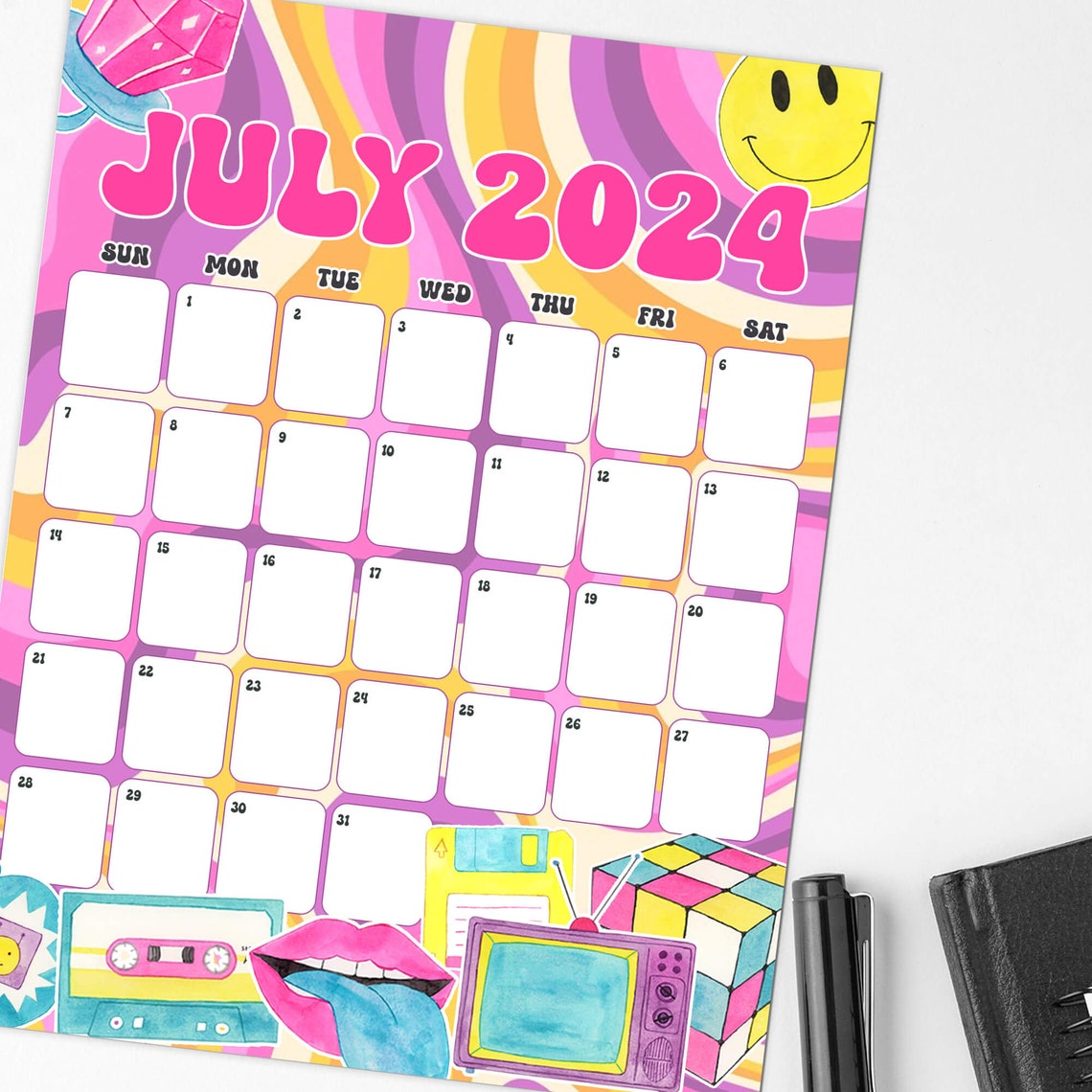 Printable Retro Theme Colorful July 2024 Calendar, Printable Retro Vibe ...