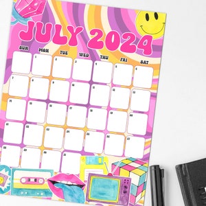 Printable Retro Theme Colorful July 2024 Calendar, Printable Retro Vibe ...