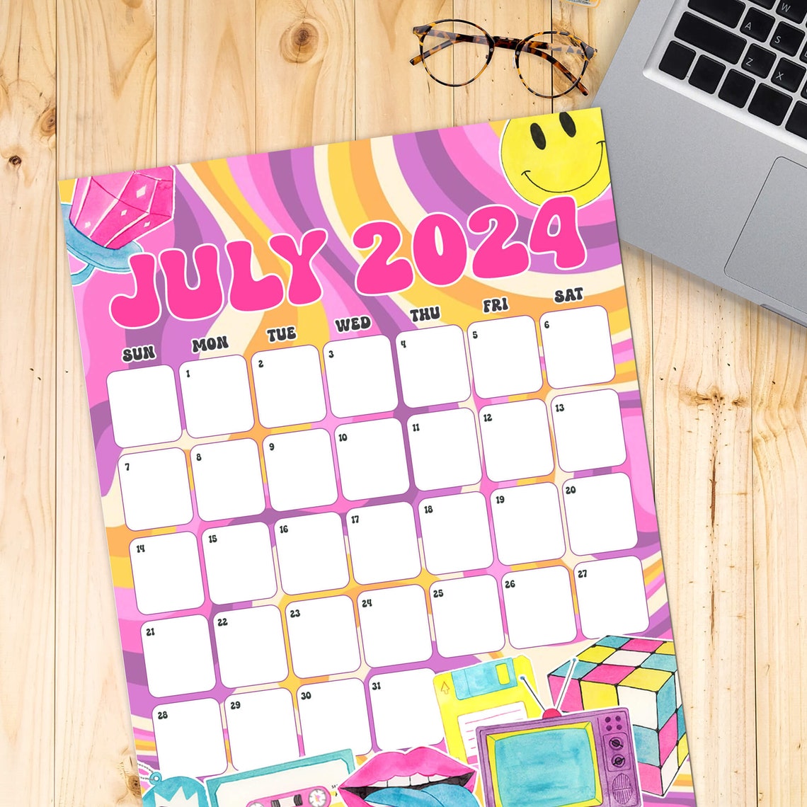 Printable Retro Theme Colorful July 2024 Calendar, Printable Retro Vibe ...