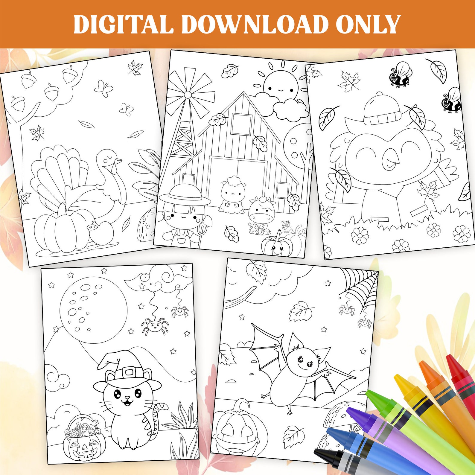 Thanksgiving and Halloween Coloring for Kids, Printable Fall Coloring ...