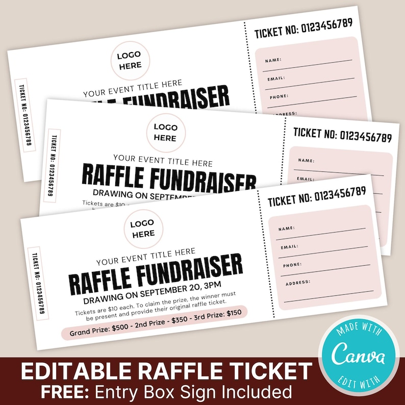 Editable Raffle Fundraiser Ticket Template | Printable Charity Raffle ...