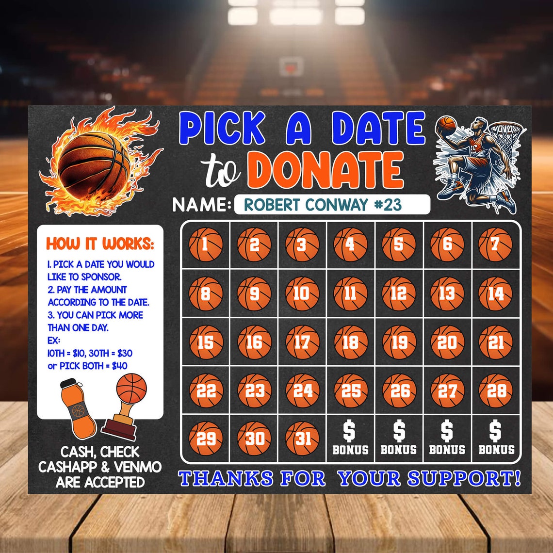 Editable Basketball Fundraiser Pick A Date to Donate Calendar ...