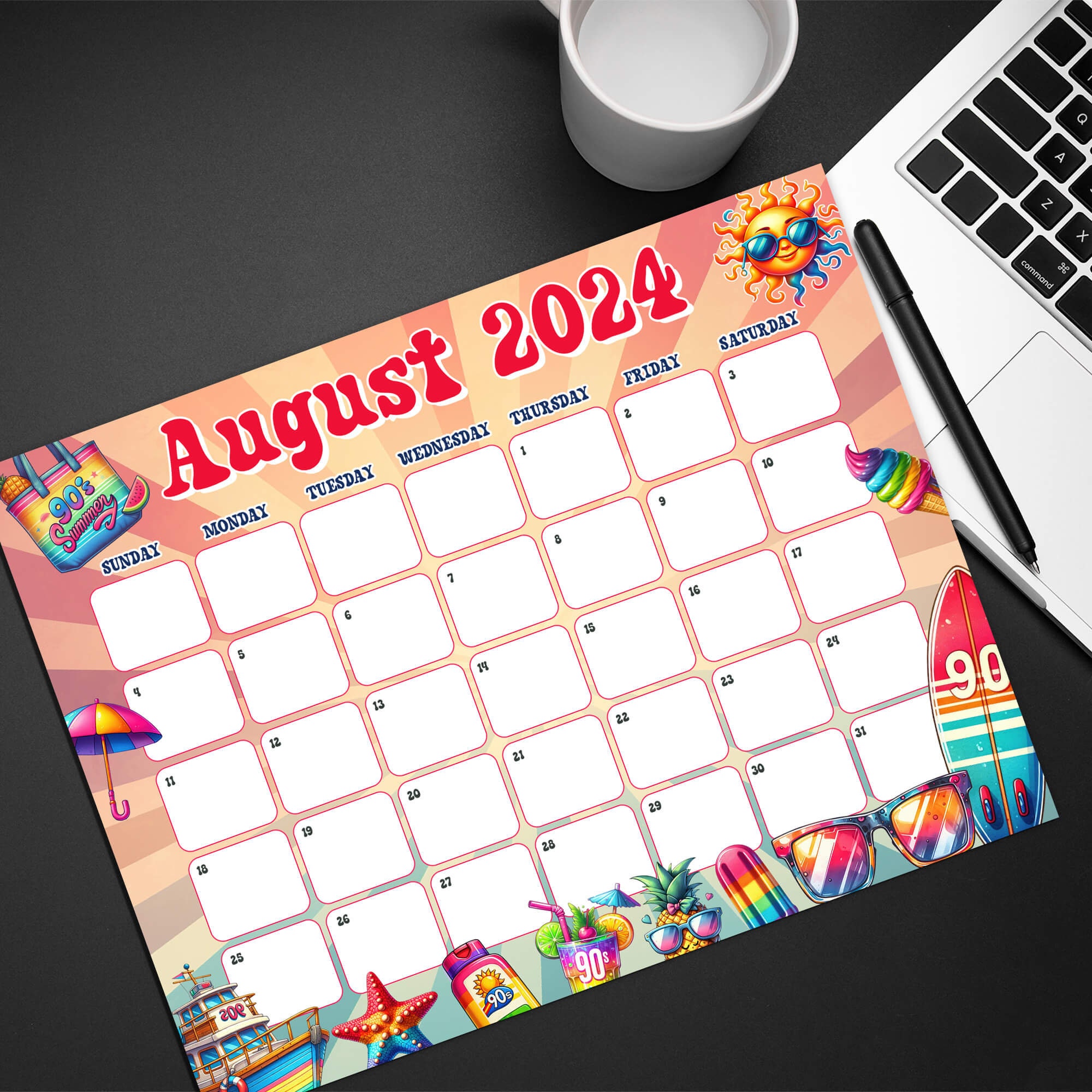 Printable 90's Retro Summer Theme August 2024 Calendar, Vintage Groovy ...