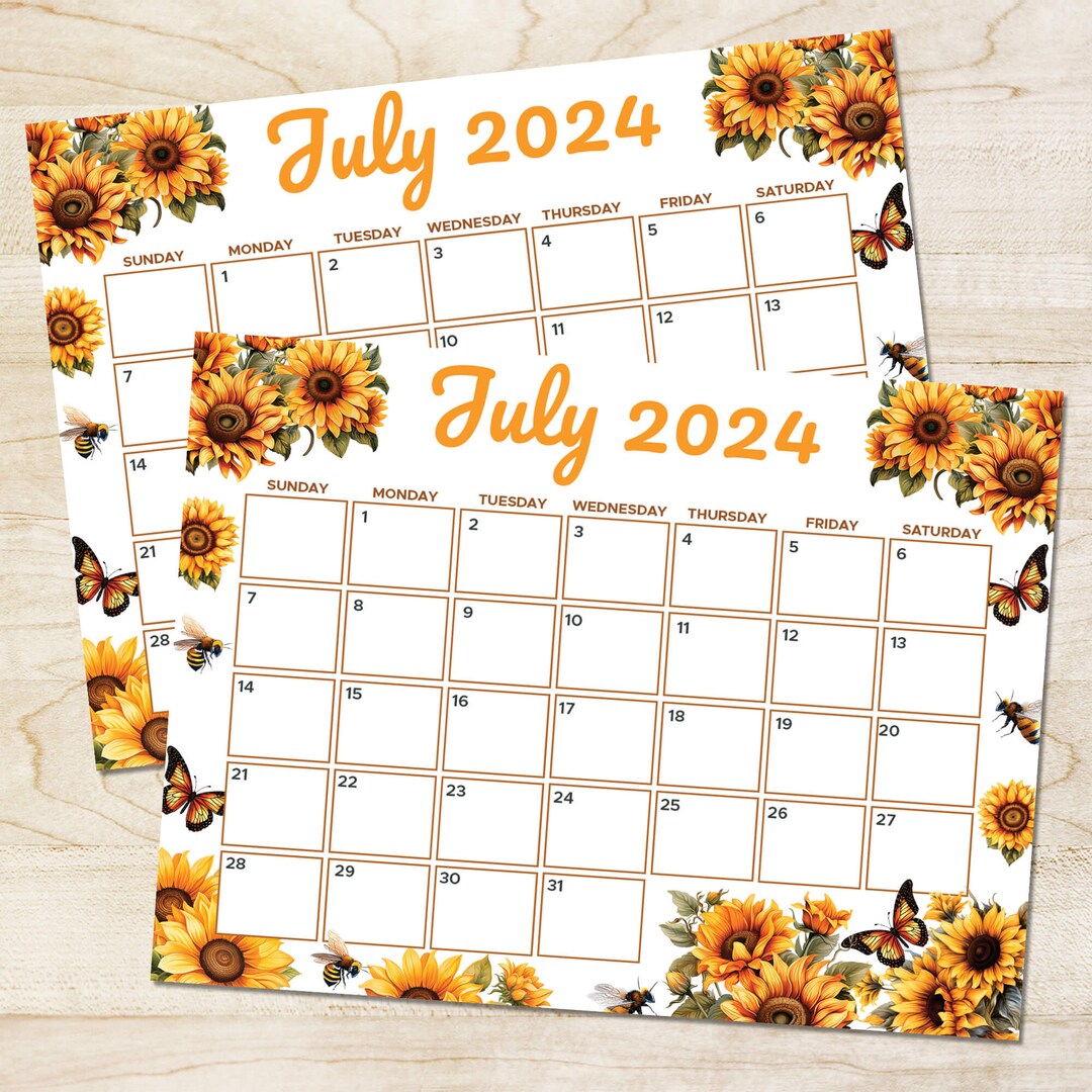 July 2024 Sunflower Calendar, Printable Cute Floral Sunflower Themed ...